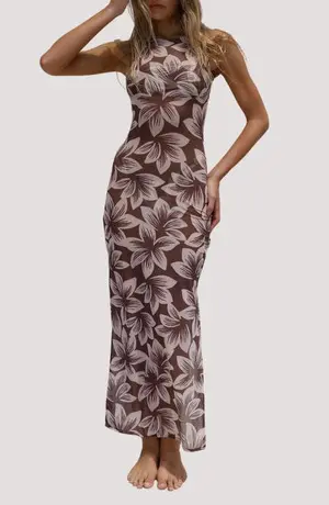 STONE FOX SWIM Konda Sheer Mesh Maxi Dress - Cocoa Bloom