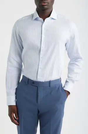 1863 BY ETERNA Slim Fit Stripe Non-iron Cotton & Linen Dress Shirt