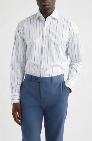 1863 BY ETERNA Modern Fit Stripe Non-iron Cotton Twill Dress Shirt - Blue