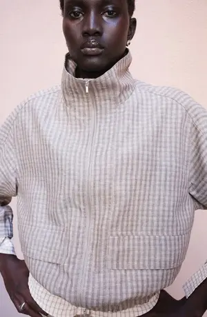 Mango Checked Bomber Jacket With Funnel Neck And Balloon Sleeves