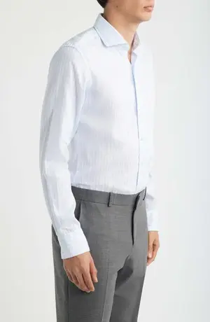 1863 BY ETERNA Slim Fit Stripe Non-iron Cotton & Linen Dress Shirt