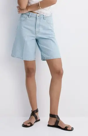 Mango High-waisted Mid-thigh Denim Shorts - Light Blue