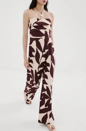 Mango Print Strapless Wide Leg Jumpsuit - Ecru
