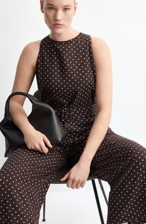 Mango Sleeveless Polka Dot Wide Leg Jumpsuit - Chocolate