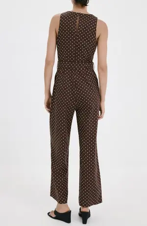 Mango Sleeveless Polka Dot Wide Leg Jumpsuit - Chocolate