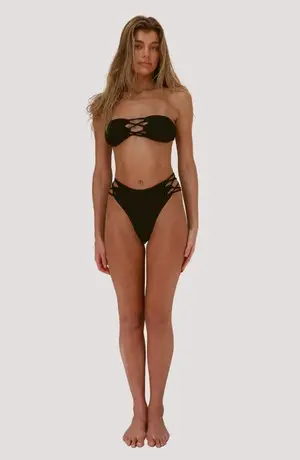 STONE FOX SWIM Theo High-waisted Bikini Bottoms With Lace-up Side Cutouts - Stone Ripple