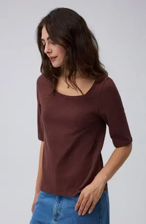 JUANA Hemp Essentials Asymmetrical Neckline Tee - Cocoa