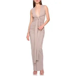 Susana Monaco Plunge Neck Tie Neck Maxi Dress - Sandstone