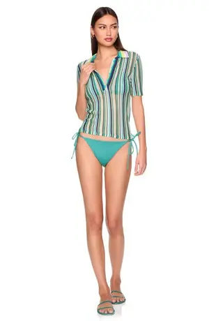 Susana Monaco Striped Pointelle Knit Polo Shirt - Nightlife/fern