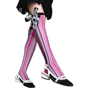 SOCK CANDY Parisian Stripe Bow Knee High Socks - Multi Pink