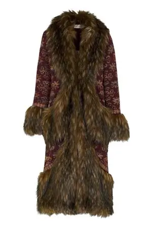 THE EXTREME COLLECTION Jacquard Long Coat With Faux Fur Trim - Eed/red