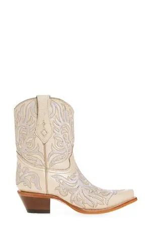 CORRAL Embroidered Pointed Toe Stacked Heel Boots - Bone