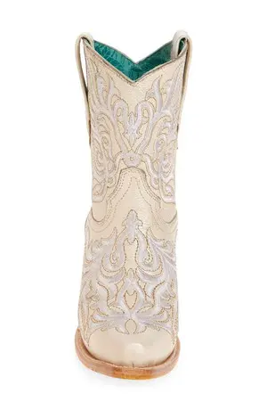 CORRAL Embroidered Pointed Toe Stacked Heel Boots - Bone