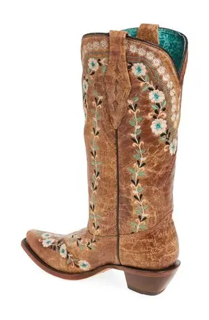 CORRAL Floral Embroidered Distressed Leather Western Boots - Cognac