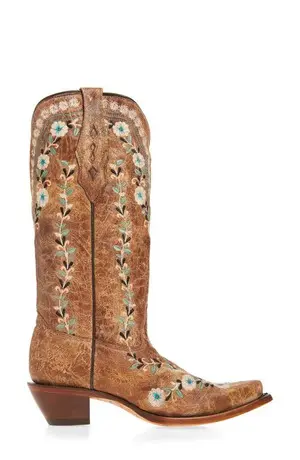 CORRAL Floral Embroidered Distressed Leather Western Boots - Cognac