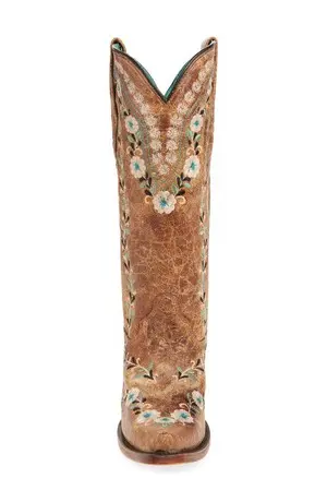 CORRAL Floral Embroidered Distressed Leather Western Boots - Cognac