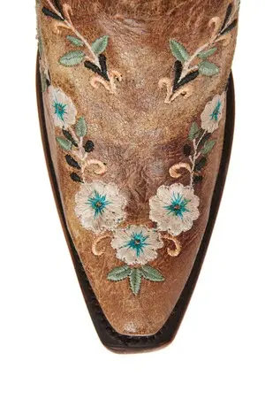 CORRAL Floral Embroidered Distressed Leather Western Boots - Cognac