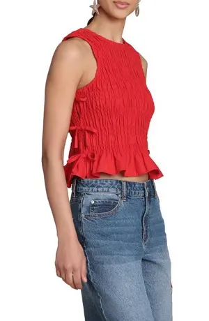 Avec Les Filles Smocked Linen Blend Top - Hot Red