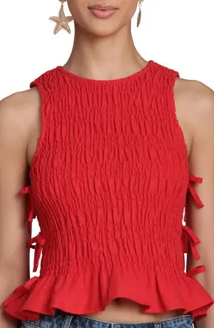 Avec Les Filles Smocked Linen Blend Top - Hot Red