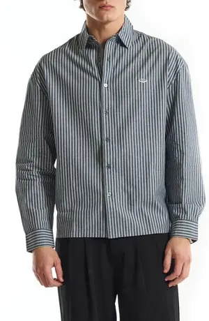 VOUSETI Off Court Boxy Fit Stripe Cotton Button-up Shirt - Navy