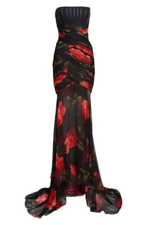 Carolina Herrera Rose Print Silk Chiffon Gown - Black Multi
