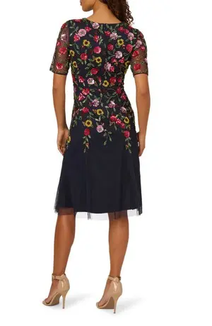 Adrianna Papell Floral Beaded Mesh Cocktail Dress