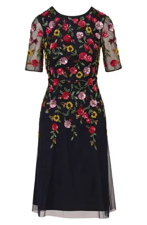 Adrianna Papell Floral Beaded Mesh Cocktail Dress