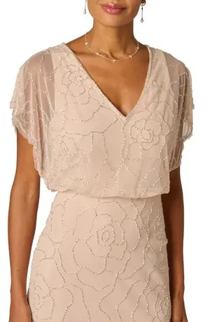 Adrianna Papell Beaded Mesh Blouson Gown
