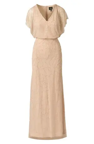 Adrianna Papell Beaded Mesh Blouson Gown