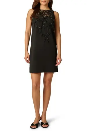 Adrianna Papell Beaded Bow Crepe Shift Dress - Black
