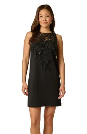 Adrianna Papell Beaded Bow Crepe Shift Dress - Black
