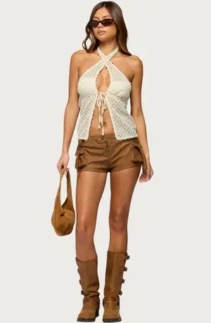 EDIKTED Sheer Net Sequin Split Front Halter Top