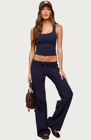 EDIKTED Ribbed Stretch Cotton Square Neck Crop Tank - Navy