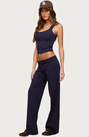 EDIKTED Ribbed Stretch Cotton Square Neck Crop Tank - Navy