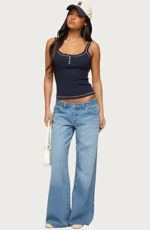 EDIKTED Contrast Stitch Lace Henley Tank
