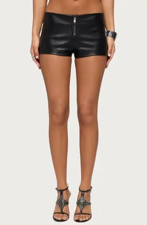 EDIKTED Faux Leather Micro Shorts With Exposed Zipper