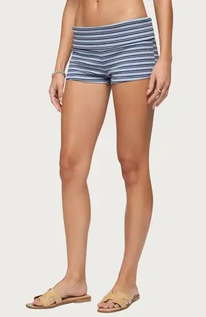 EDIKTED Striped Foldover Micro Shorts - Blue