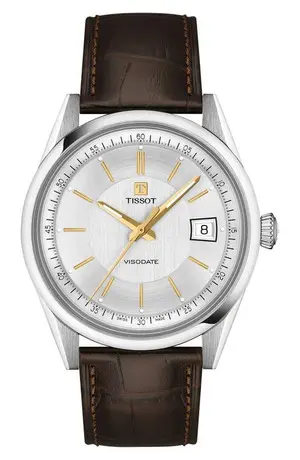 TISSOT Tissot Visodate Automatic Stainless Steel And Leather Watch Silver