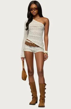 EDIKTED One-shoulder Lace Top With Single Long Sleeve
