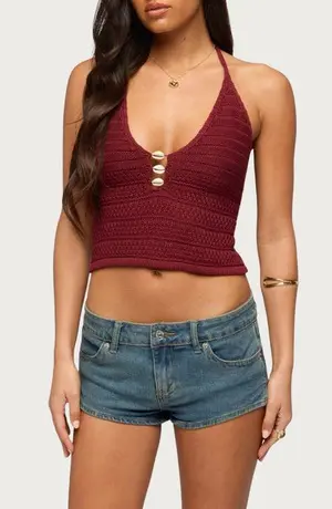 EDIKTED Crochet Knit Halter Top With Shell Detail - Maroon