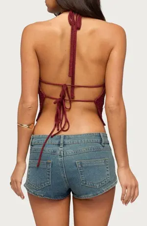 EDIKTED Crochet Knit Halter Top With Shell Detail