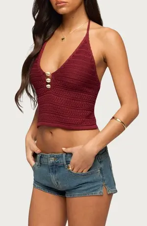 EDIKTED Crochet Knit Halter Top With Shell Detail