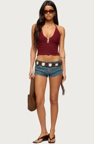 EDIKTED Crochet Knit Halter Top With Shell Detail