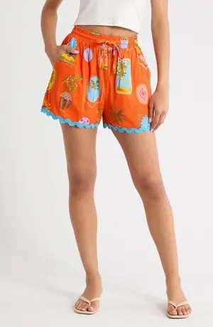 SUGARLIPS Halle Drawstring Tropical Print Shorts - Red-pink-multi