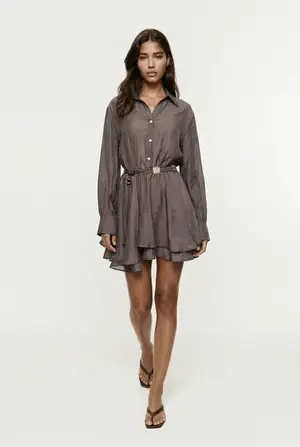 MONLICIA Alora Tencel™ Button-front Pleated Mini Shirt Dress - Brown