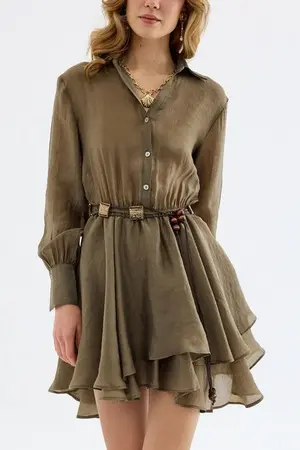 MONLICIA Alora Tencel™ Button-front Pleated Mini Shirt Dress - Khaki