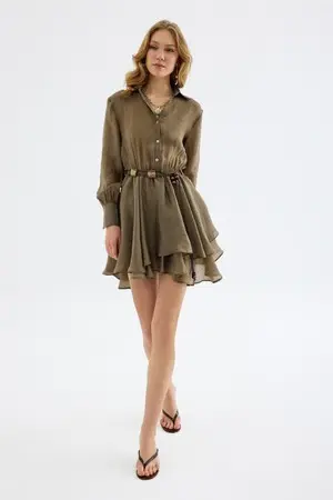 MONLICIA Alora Tencel™ Button-front Pleated Mini Shirt Dress - Khaki