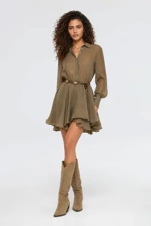 MONLICIA Alora Tencel™ Button-front Pleated Mini Shirt Dress - Khaki