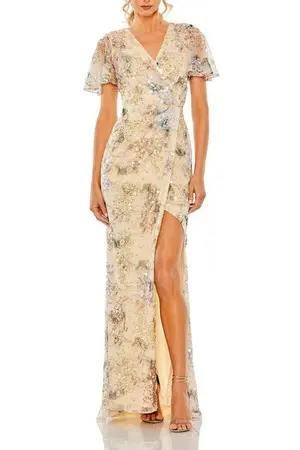 Mac Duggal Embellished Butterfly Sleeve Faux Wrap Gown - Champagne