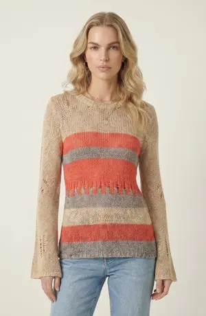 MODENAIRE Distressed Stripe Knit Sweater With Flared Sleeves - Beige